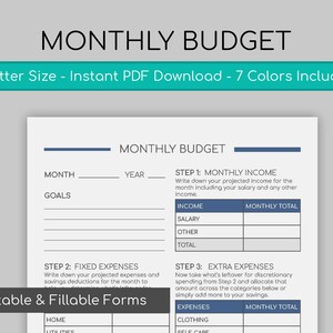Monthly Budget Form | Printable & Fillable PDF | Income | Expenses ...