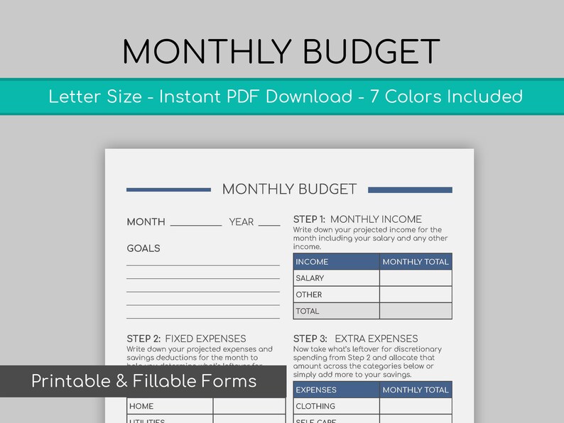 Monthly Budget Form | Printable & Fillable PDF | Income | Expenses ...