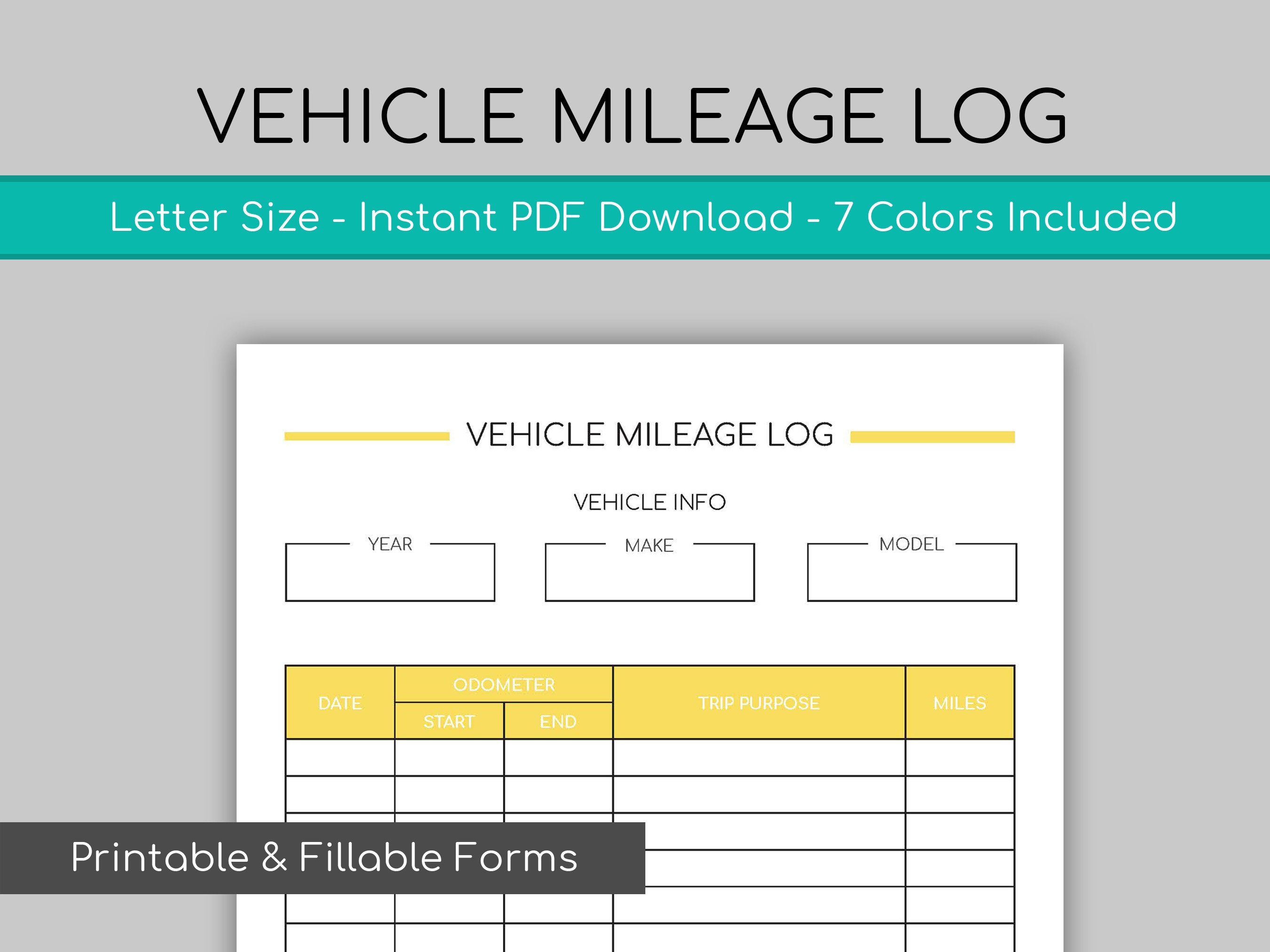 Vehicle Mileage Form | Printable & Fillable PDF | Mileage Log | Mileage ...