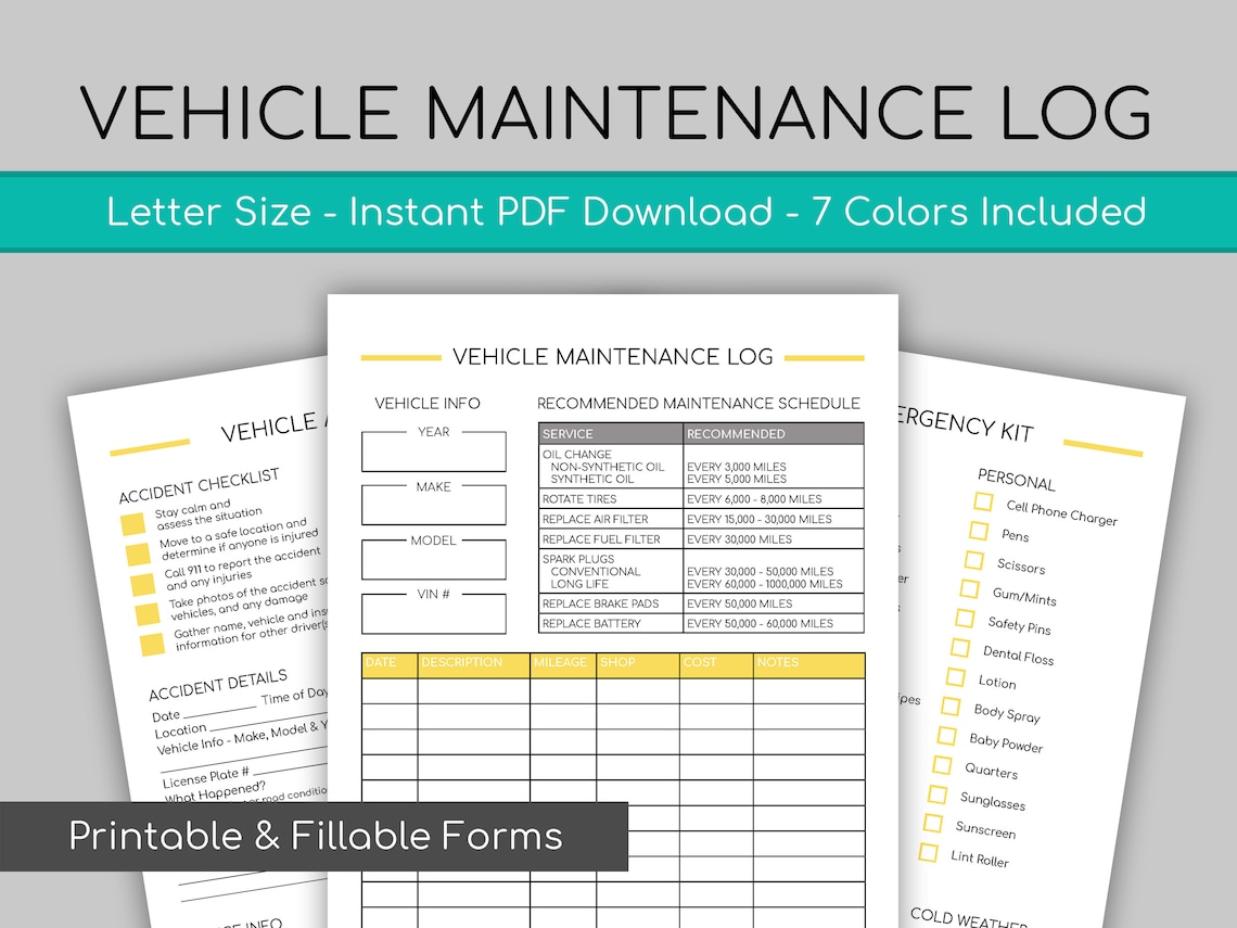 Vehicle Maintenance Form | Printable & Fillable PDF | Maintenance Log ...