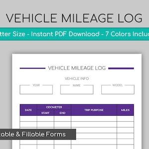Vehicle Mileage Form | Printable & Fillable PDF | Mileage Log | Mileage ...