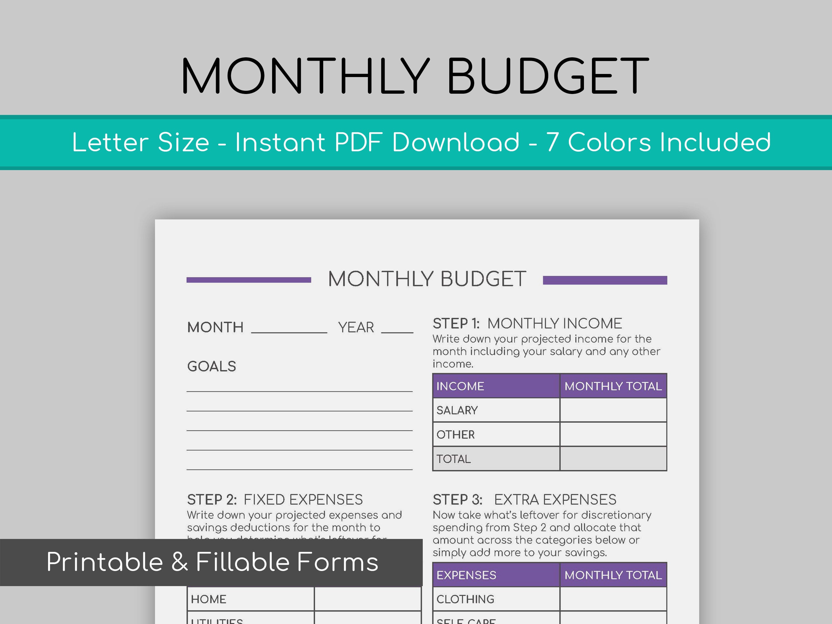 Monthly Budget Form | Printable & Fillable PDF | Income | Expenses ...
