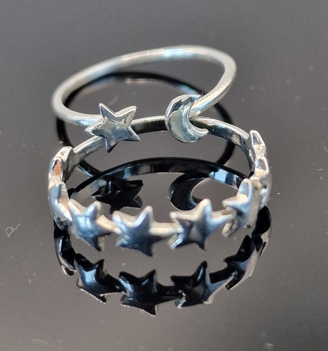 Sterling Silver Star Rings, Rising Star Ring, Crescent Moon & Star Ring Adjustable, Gift for Her ...