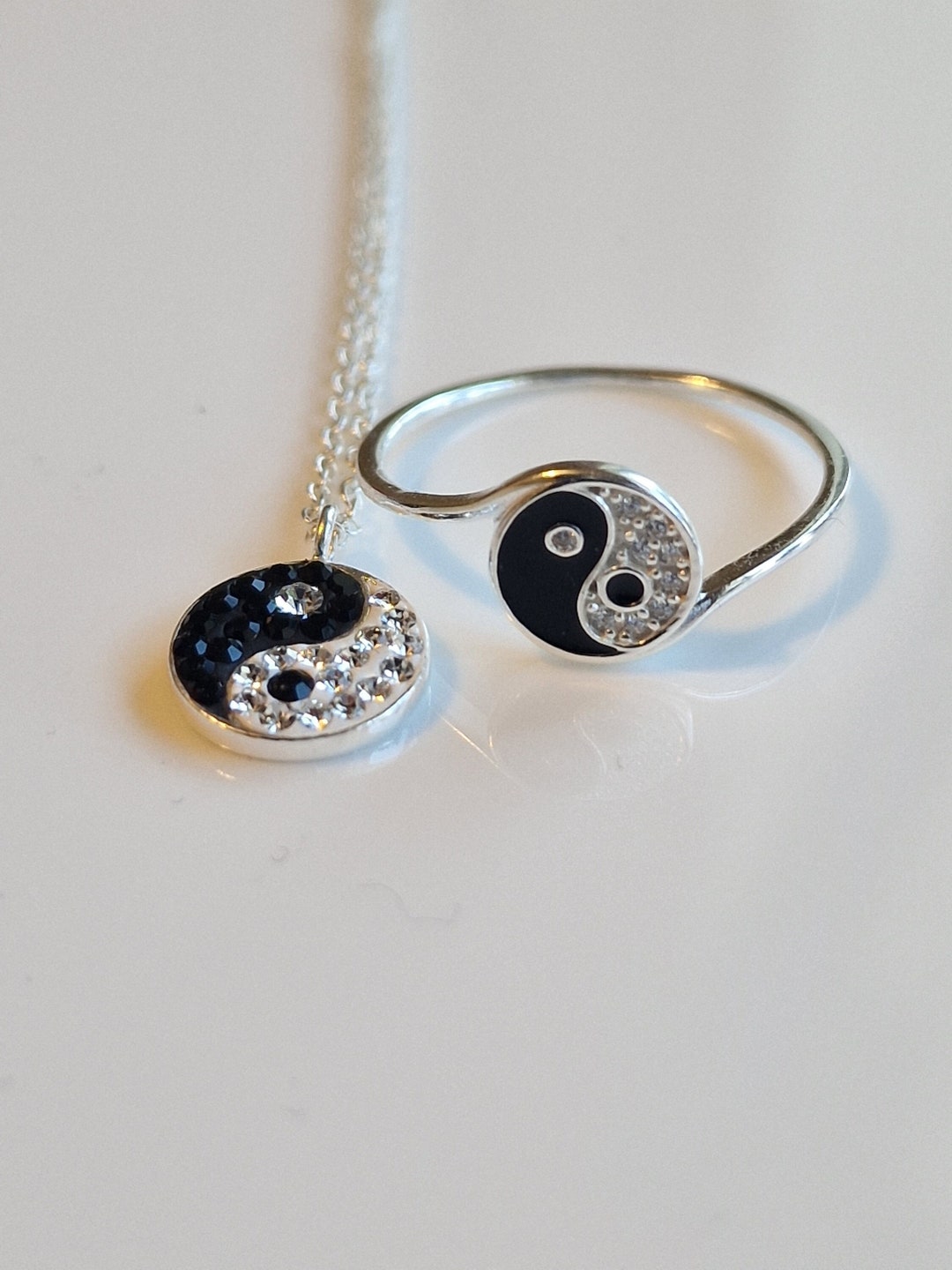Tiny Ying Yang Crystal & Sterling Silver Necklace and Ring Set Handmade ...