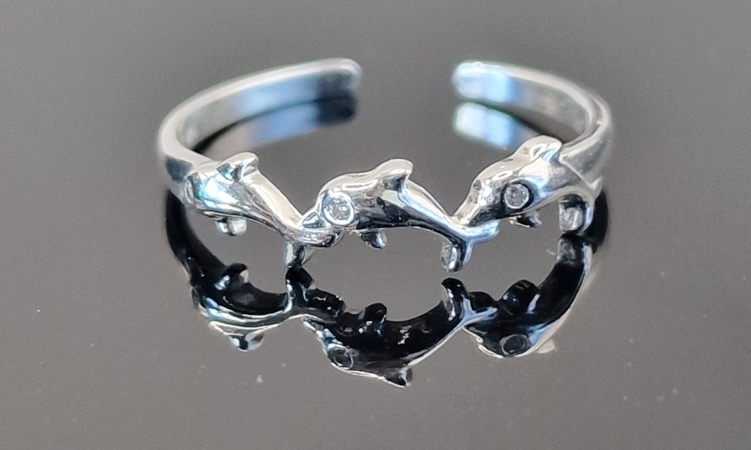 Silver Dolphin Ring, 3 Cute Dolphins in a Row, Adjustable Sterling Silver 925, Ideal Present for ...