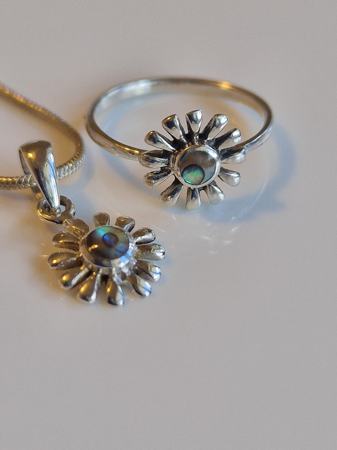 Daisy Jewelry Set Ring & Necklace Abalone Shell Sterling Silver Tiny ...