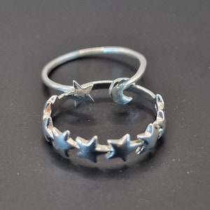 Sterling Silver Star Rings, Rising Star Ring, Crescent Moon & Star Ring Adjustable, Gift for Her ...
