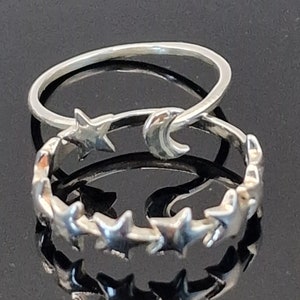 Sterling Silver Star Rings, Rising Star Ring, Crescent Moon & Star Ring Adjustable, Gift for Her ...