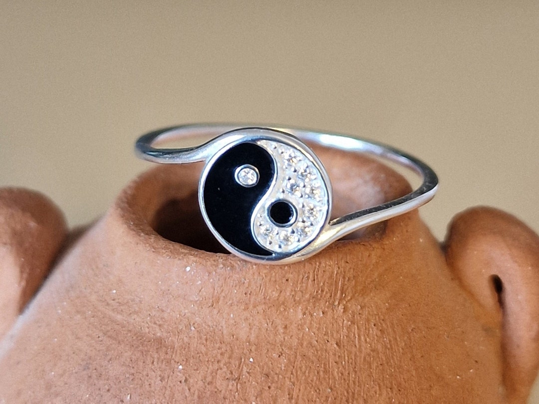 Tiny Ying Yang Crystal & Sterling Silver Ring Handmade Taoist Spiritual ...