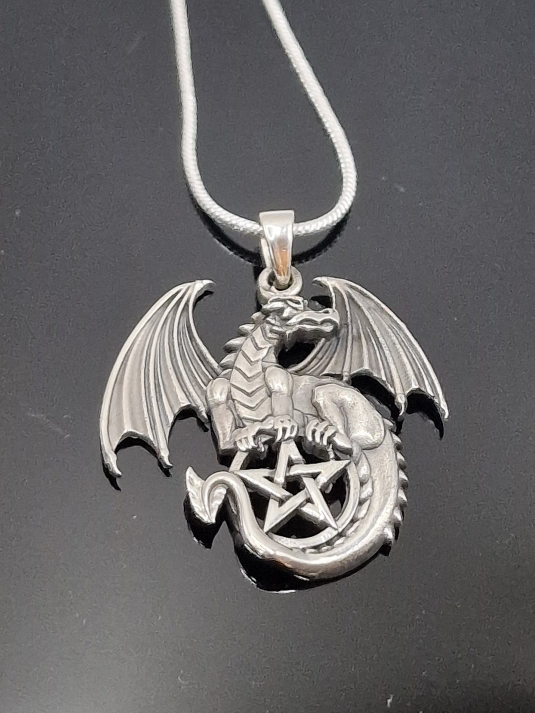 Dragon Pentagram Pendant, Silver Dragon Pendant, Dragon Necklace, Pentagram Necklace, Wiccan ...