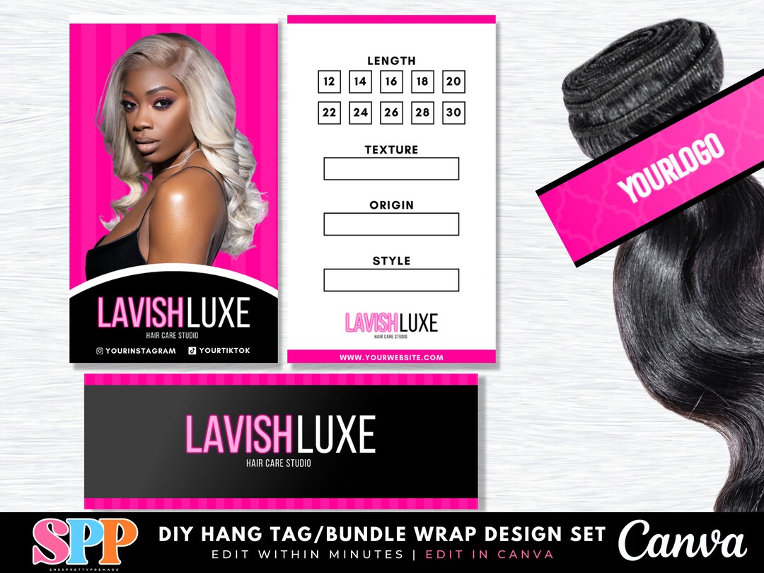 Buy Editable Hair Hang Tag Design Bundle Wrap Luxury Hang Tag Pink and Black Branding Hair ...