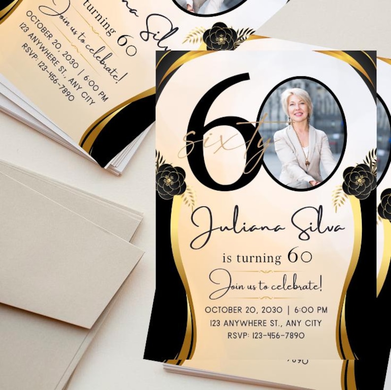 Editable 60th Birthday Invitation: Black & Gold Glam (digital) - Etsy