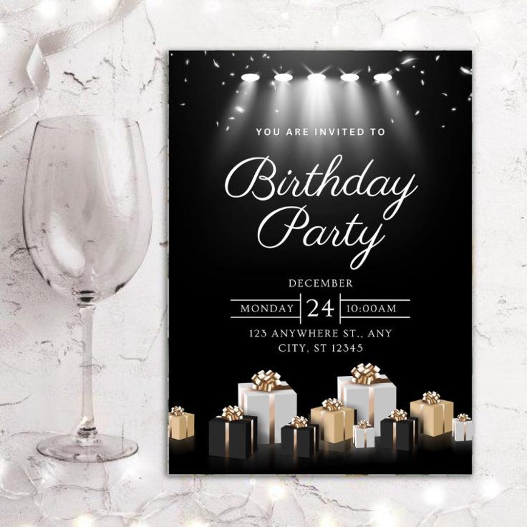 Editable Minimal Black and White Theme Party, Simple Invite, Black and ...