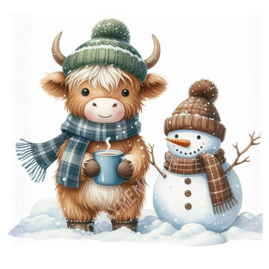 10 Highland Cow & Snowman Clipart, Christmas Winter JPG, Cozy Hot Cocoa ...