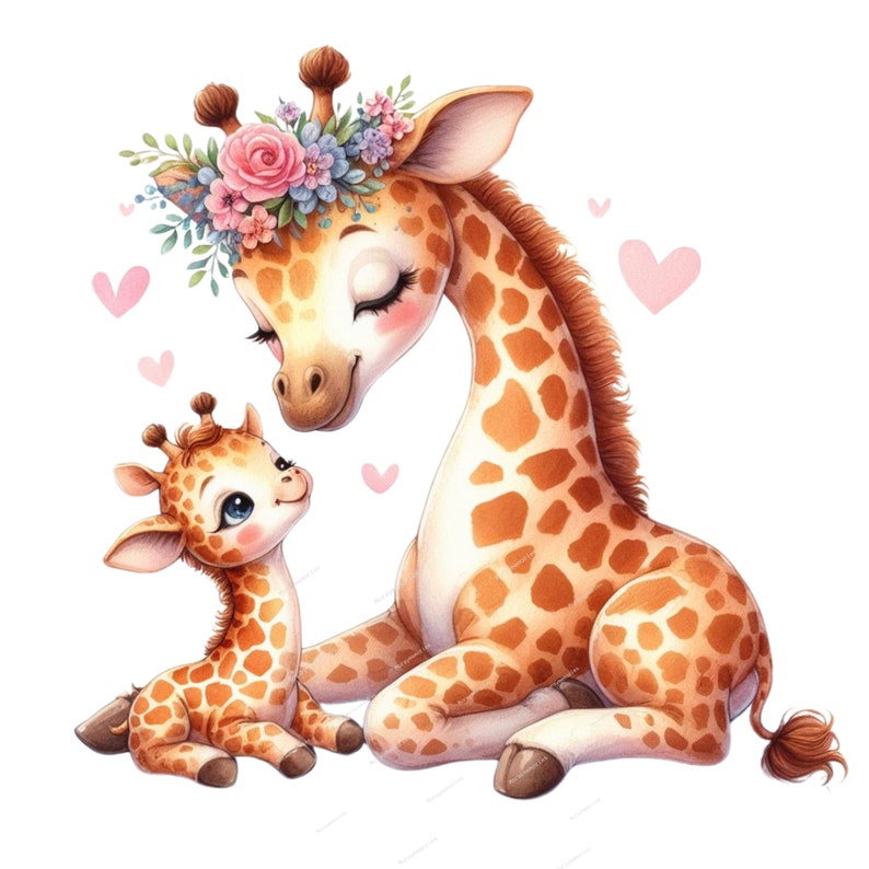 Watercolor Cute Mother and Baby Safari Animals Clipart, PNG Baby ...