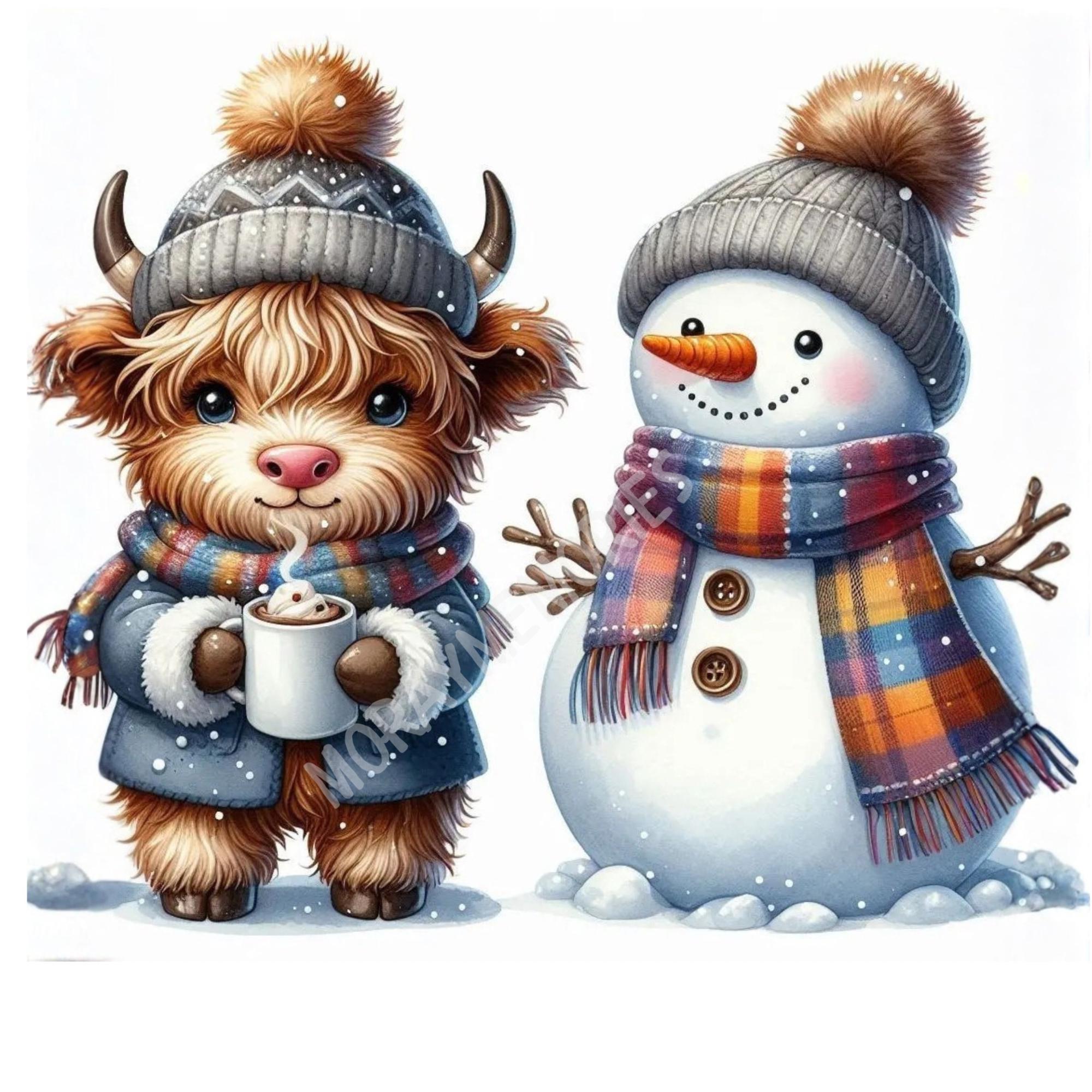 10 Highland Cow & Snowman Clipart, Christmas Winter JPG, Cozy Hot Cocoa ...