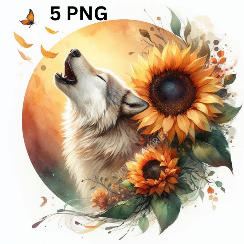 Wolf Sunflower PNG Bundle, Watercolor Wolf Clipart, Summer Floral Wolf ...