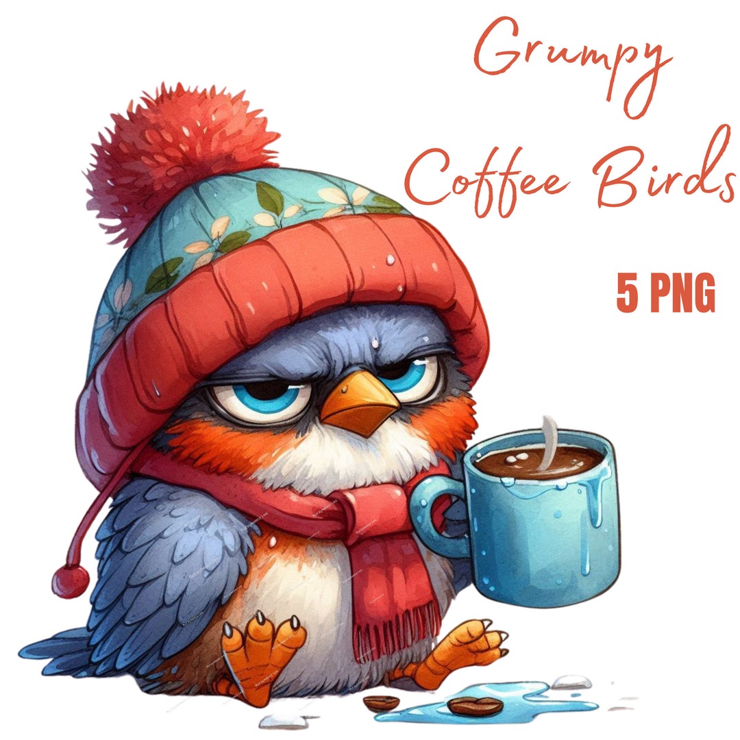 Watercolor Grumpy Coffee Birds Collection Clipart, PNG Grumpy Birds ...