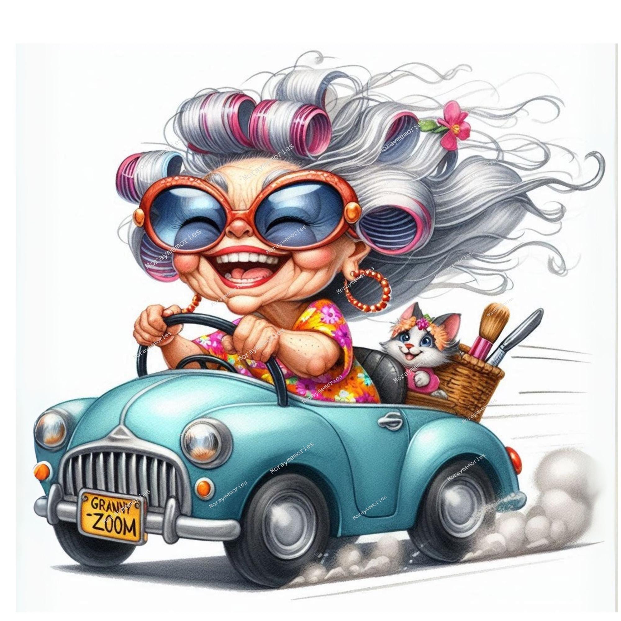 Funny Granny Driving Clipart Bundle – 10 Whimsical Grandma Car JPG ...