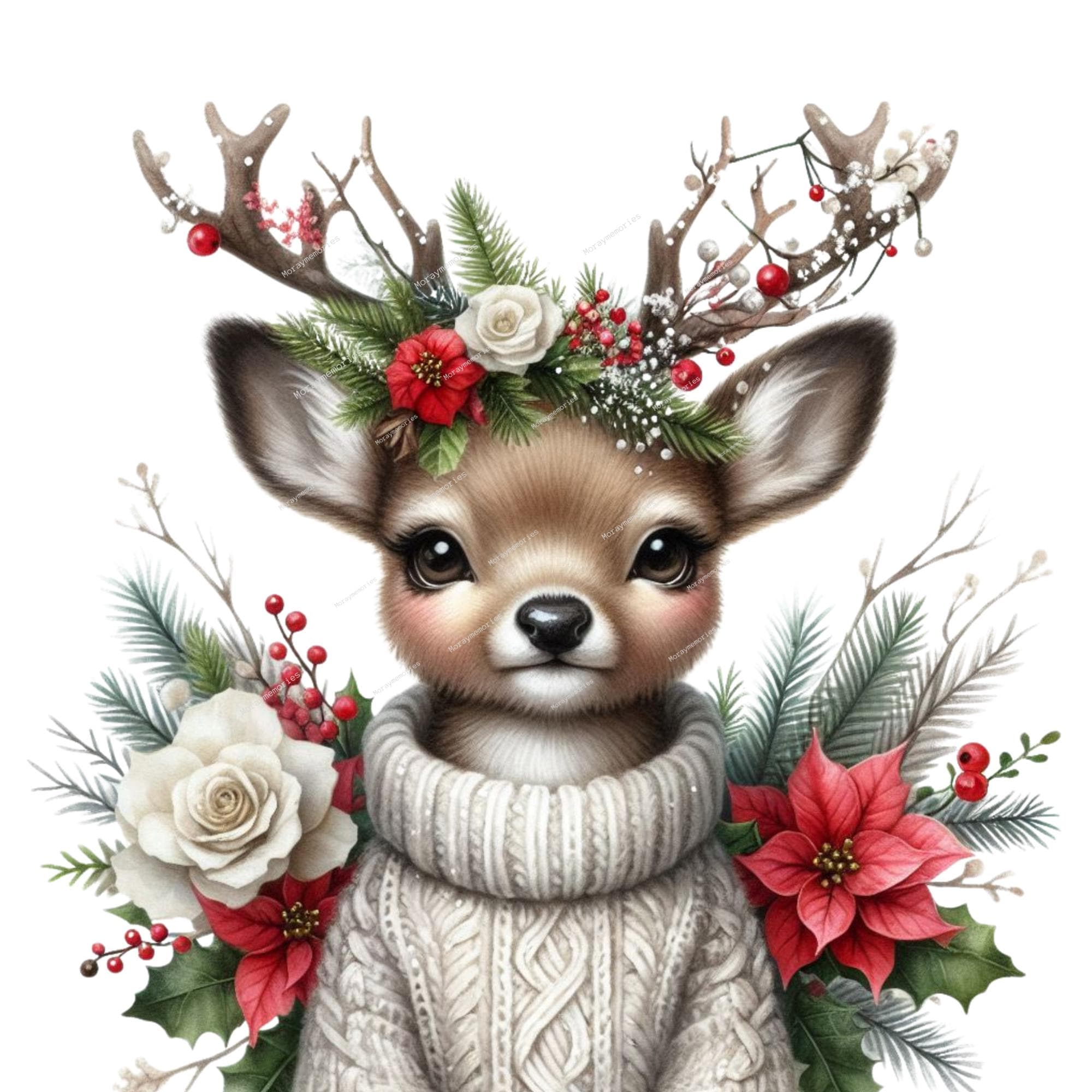Quirky Christmas Reindeer Clipart PNG, Watercolor Reindeer With Floral ...