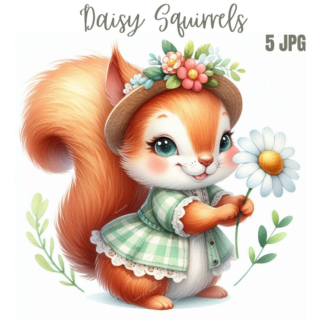 Daisy Squirrel Clipart, High Quality Jpgs, Cute Squirrels JPG, Digital ...