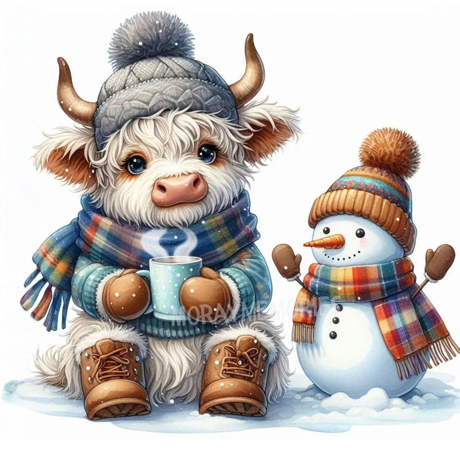 10 Highland Cow & Snowman Clipart, Christmas Winter JPG, Cozy Hot Cocoa ...