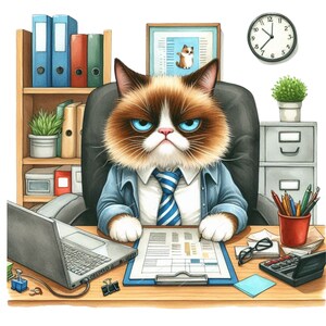 Watercolor Grumpy Office Cat Clipart, PNG Grumpy Animal Clipart, Cat ...
