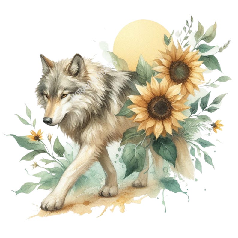 Wolf Sunflower PNG Bundle, Watercolor Wolf Clipart, Summer Floral Wolf ...