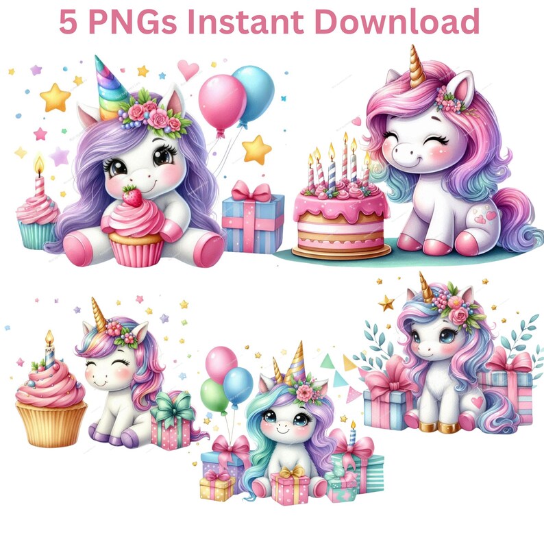 Rainbow Unicorn Birthday Clipart Bundle, Girls Birthday PNG Images ...
