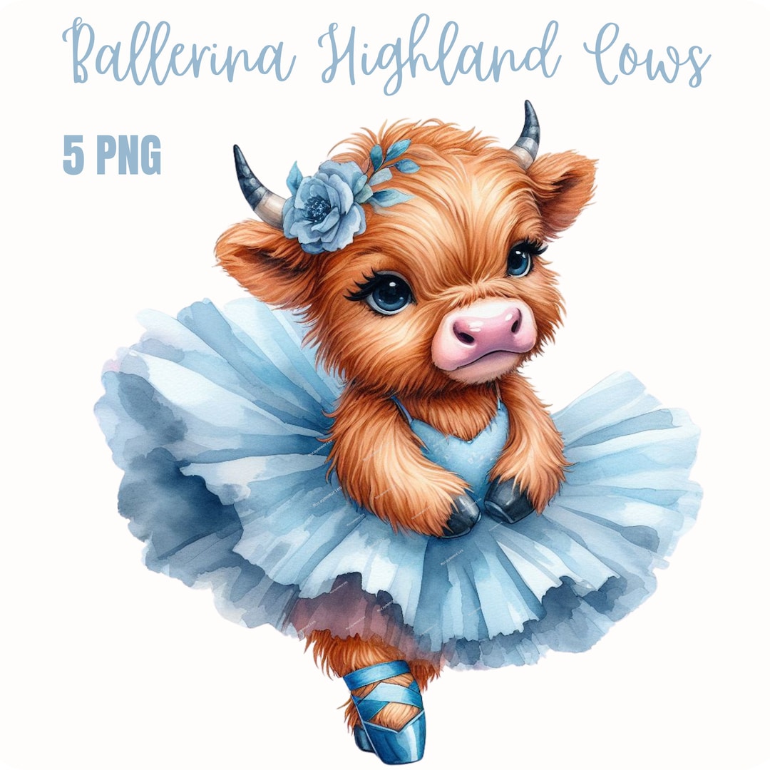 Watercolor Ballerina Highland Cows Collection Clipart, 5 PNG Ballerina ...