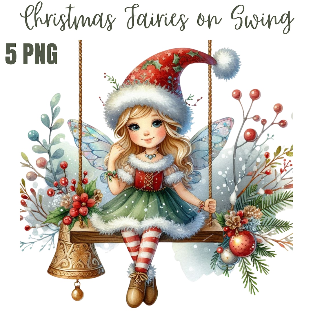 Christmas Clipart, Christmas Fairy on a Swing PNG, Holiday Fairy Art ...