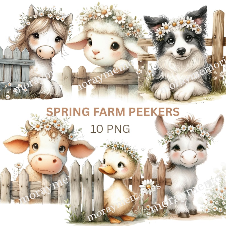 10 PNG Peeking Spring Farm Animals Clipart Set | Cute Hand-drawn ...
