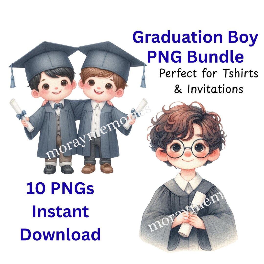 Graduation Boy Clipart Bundle PNG (10 Images), Watercolor Kids Graduate ...