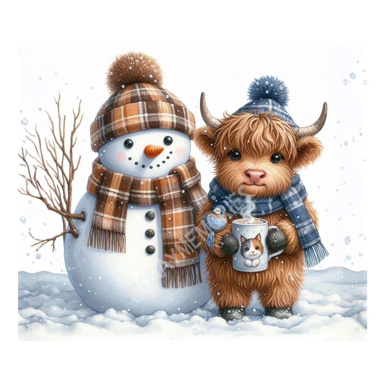 10 Highland Cow & Snowman Clipart, Christmas Winter JPG, Cozy Hot Cocoa ...