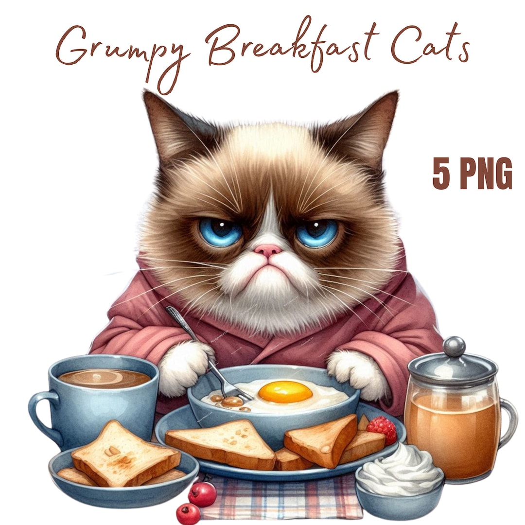 Watercolor Grumpy Breakfast Cat Clipart, PNG Grumpy Animal Clipart, Cat ...