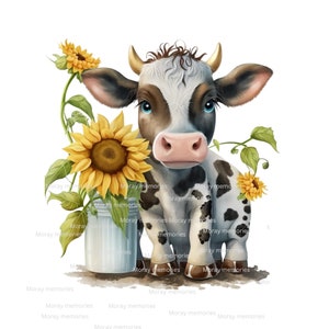 Cow,cute Cow and Sunflower Watercolor, Cow Clipart, Sunflower Clipart ...