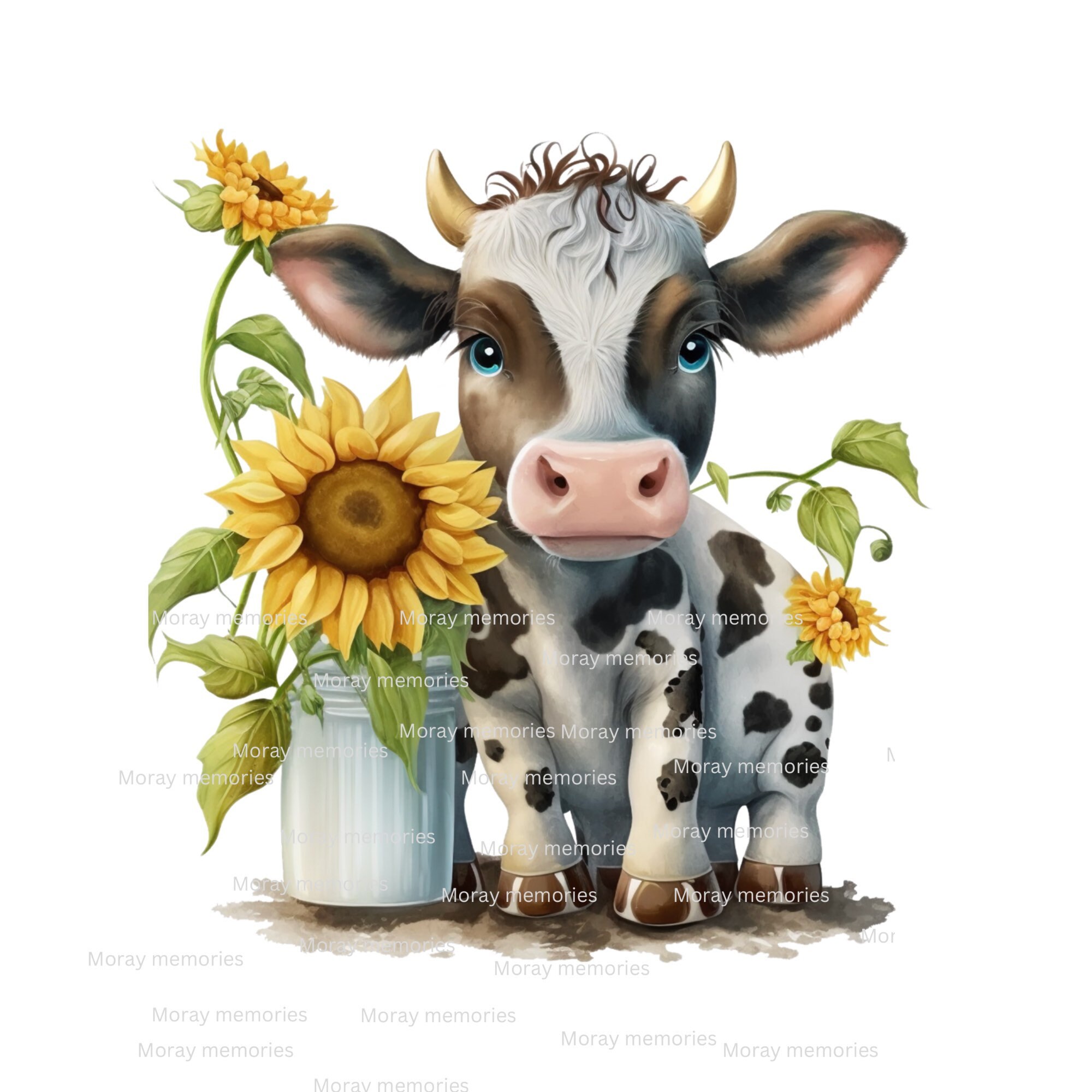 Cute Cow and Sunflower Watercolor Cow Clipart Sunflower - Etsy