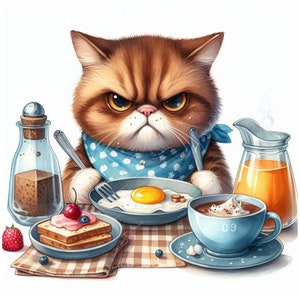 Watercolor Grumpy Breakfast Cat Clipart, PNG Grumpy Animal Clipart, Cat ...
