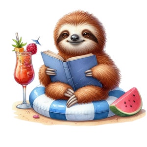 Cute Beach Sloth Clipart, Whimsical Animal PNG, Vibrant Vacation Beach ...