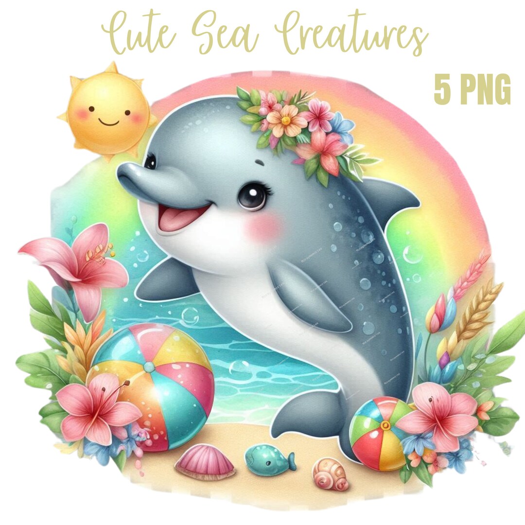 Cute Sea Creatures Animals Clipart, Animal PNG, Vibrant Vacation Beach ...