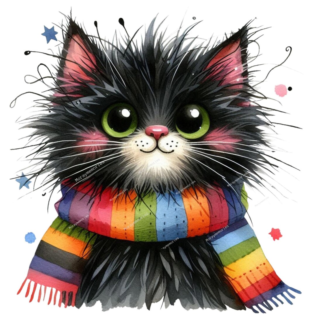 Quirky Messy Hair Cat Clipart, 10 JPG, Watercolor Kitten, Junk ...