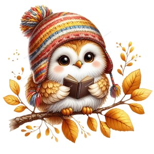 Cute Fall Owl Clipart PNG, Woodland Owl Wearing Knitted Hat Reading a ...