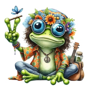 Hippy Frog Clipart Bundle, Whimsical Funny Frog Pngs, Cute Frog ...