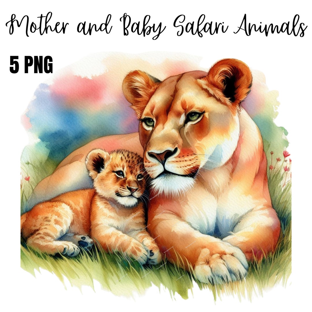 Watercolor Cute Mother and Baby Safari Animals Clipart, PNG Baby ...