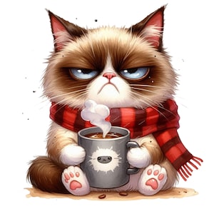Watercolor Grumpy Coffee Cat Clipart, PNG Grumpy Animal Clipart, Cat ...