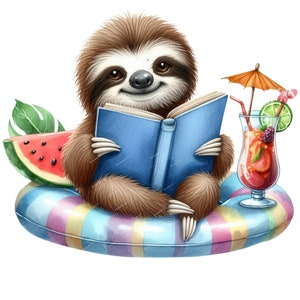 Cute Beach Sloth Clipart, Whimsical Animal PNG, Vibrant Vacation Beach ...