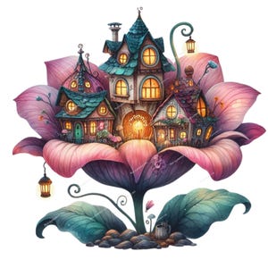 10 Whimsical Fairy House Clipart, Flower Fairy Houses, Printable ...