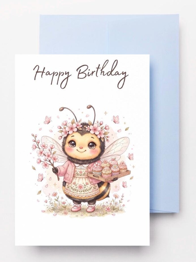 Printable Cute Bee Birthday Printable Card – Pastel Watercolor Floral ...