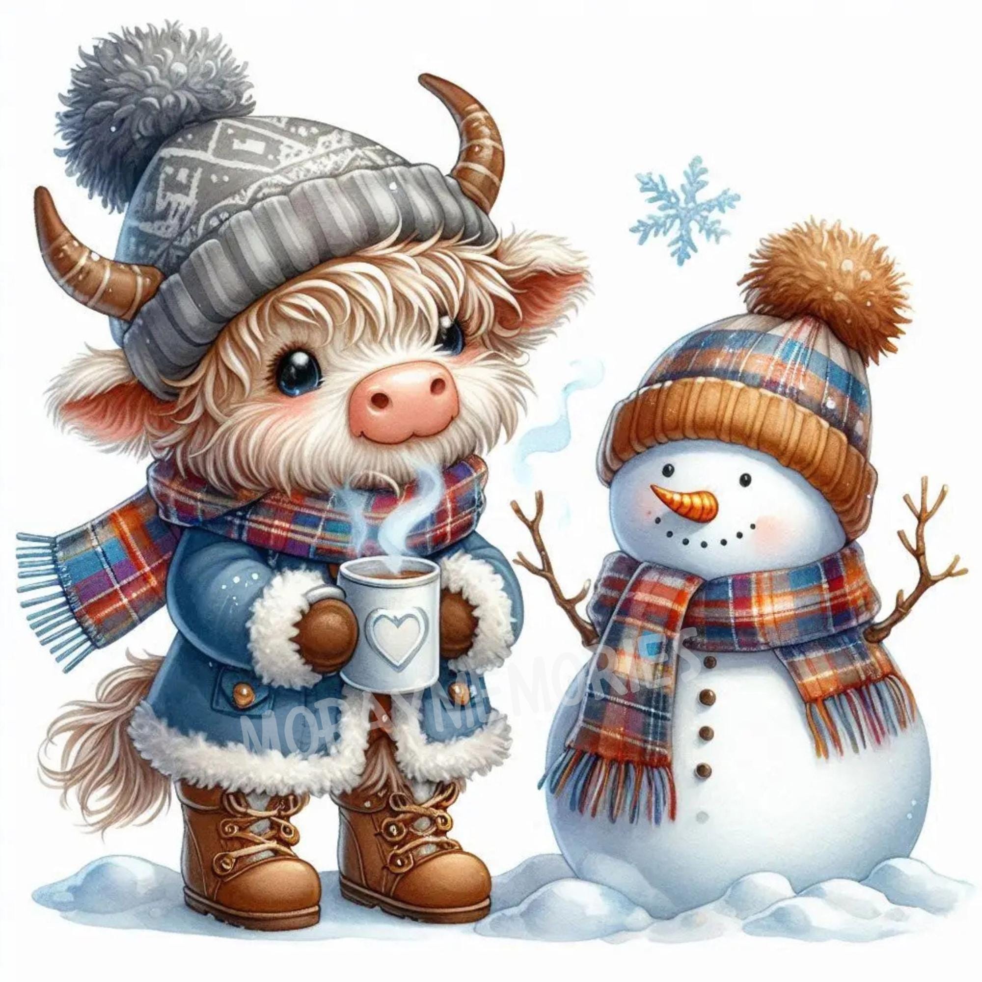 10 Highland Cow & Snowman Clipart, Christmas Winter JPG, Cozy Hot Cocoa ...