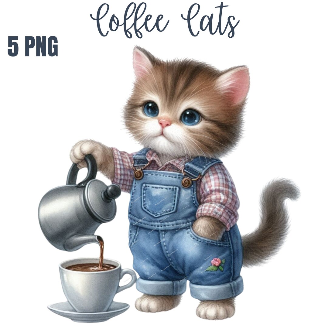 Watercolor Cute Coffee Cat Clipart, PNG Cute Animal Clipart, Cat PNG ...